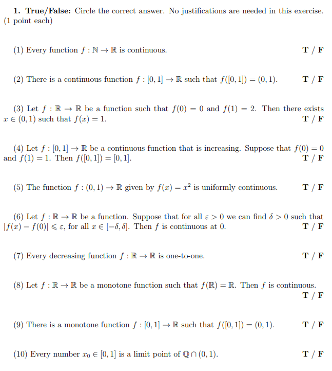 Solved 1. True/False: Circle the correct answer. No | Chegg.com