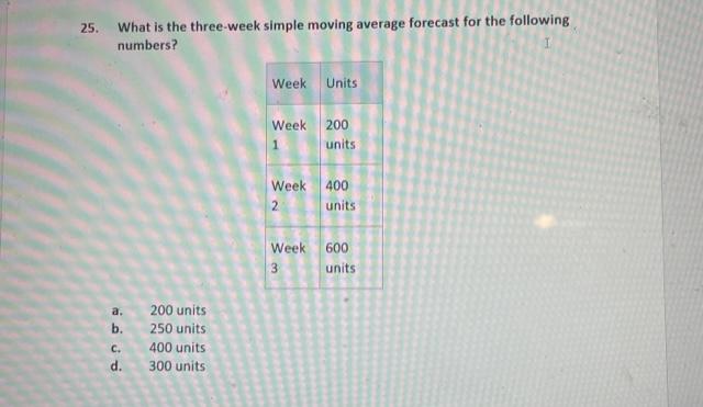 Solved 25. What is the three-week simple moving average | Chegg.com