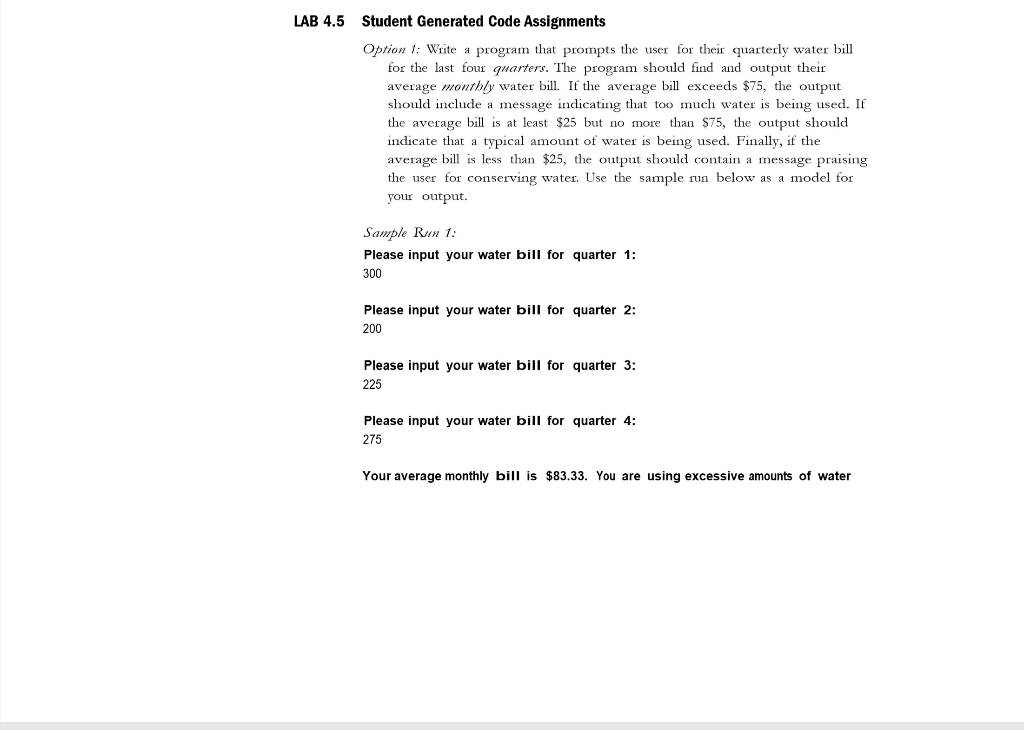 Solved LAB 4.5 Student Generated Code Assignments Option 1: | Chegg.com