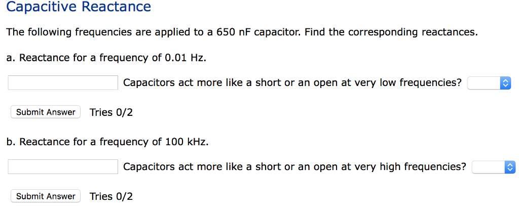 Solved Capacitive Reactance The following frequencies are | Chegg.com