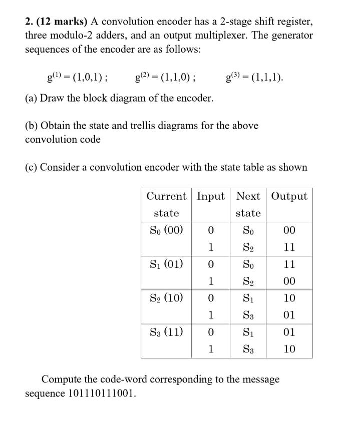 Solved 2. (12 marks) A convolution encoder has a 2-stage | Chegg.com