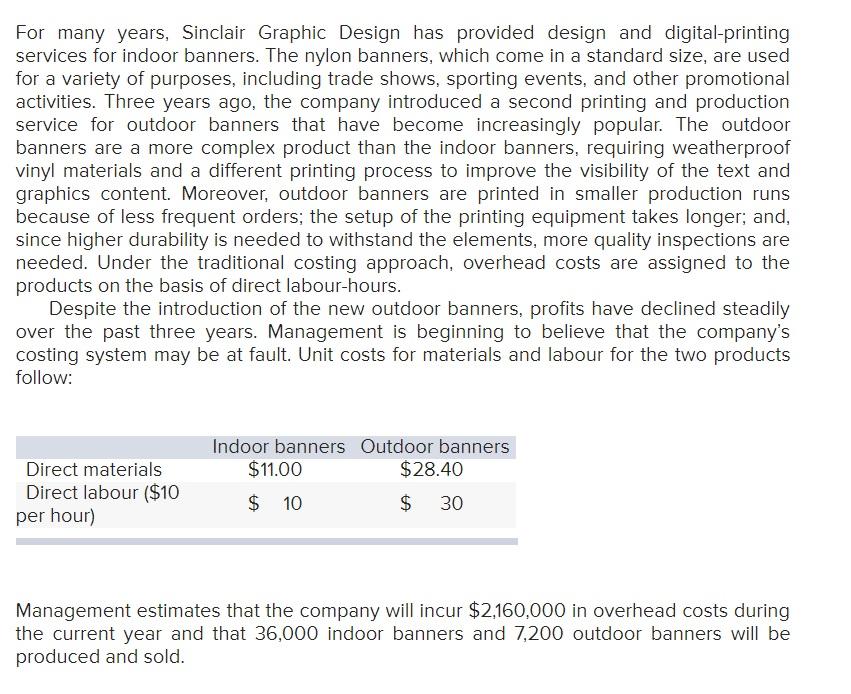 Solved For many years, Sinclair Graphic Design has provided | Chegg.com