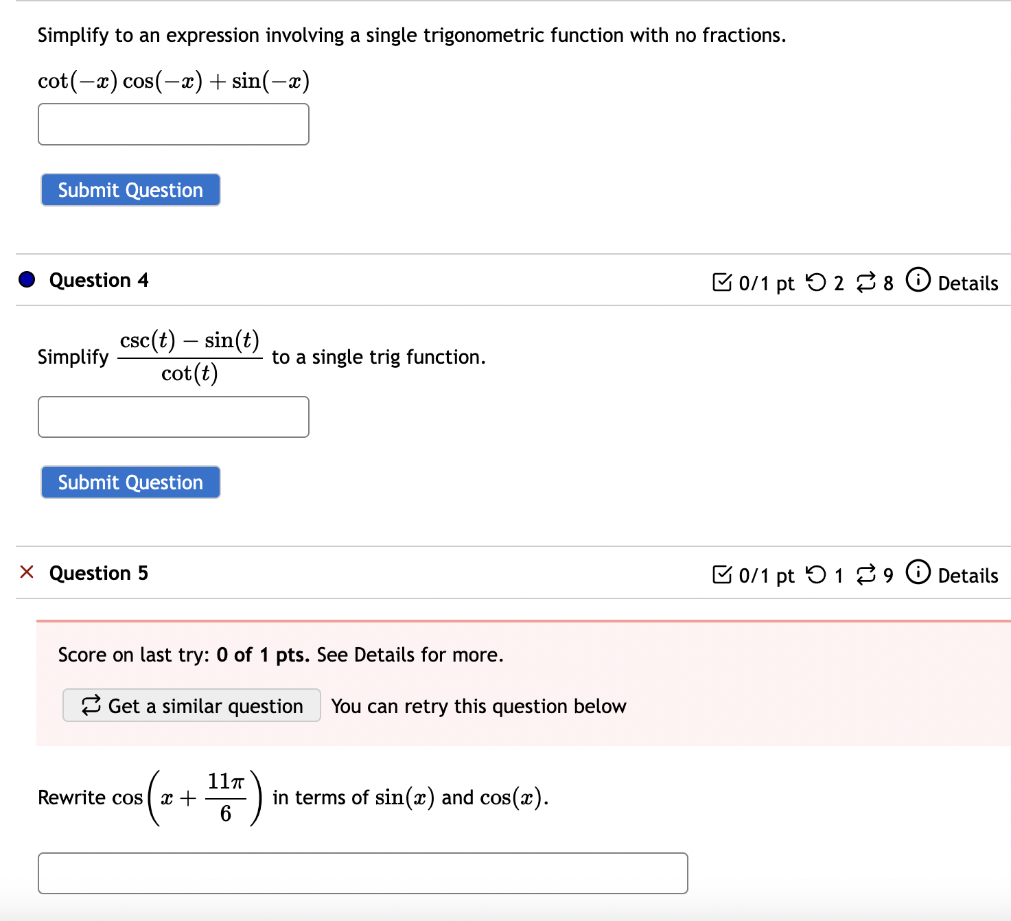 Solved Rewrite cos(x+11π6) ﻿in terms of sin(x) ﻿and cos(x).2 | Chegg.com