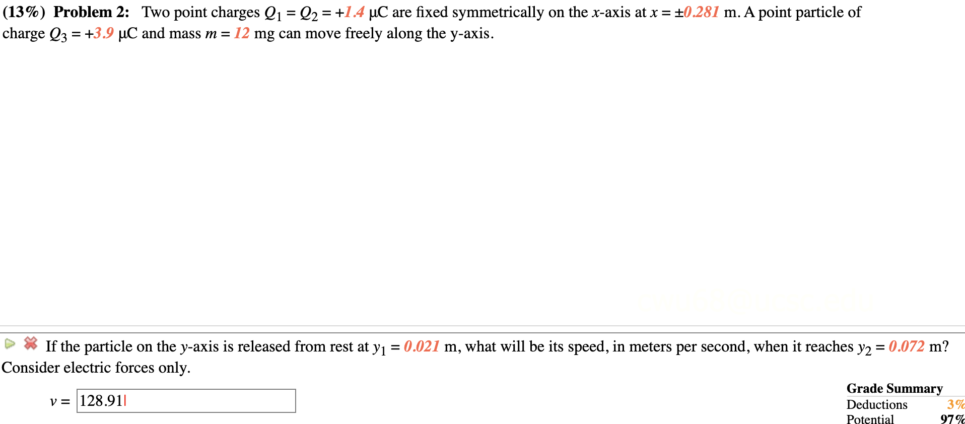 Solved (13%) Problem 2: Two point charges Q1 = Q2 = +1.4 °C | Chegg.com