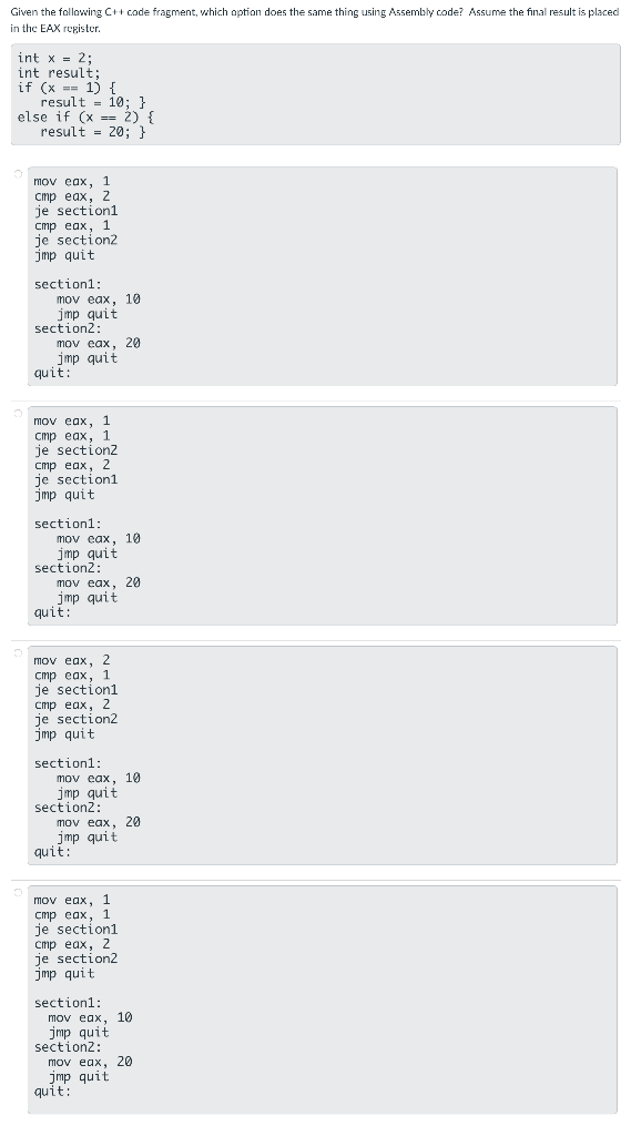 Solved Given the following C++ code fragment, which option | Chegg.com