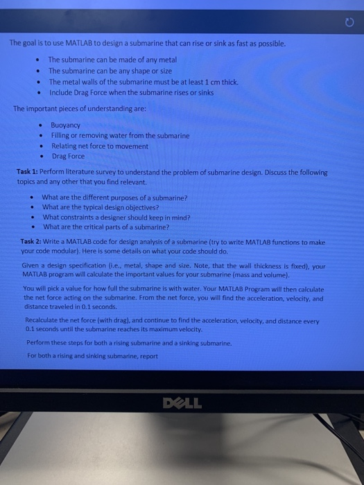 The goal is to use MATLAB to design a submarine that | Chegg.com