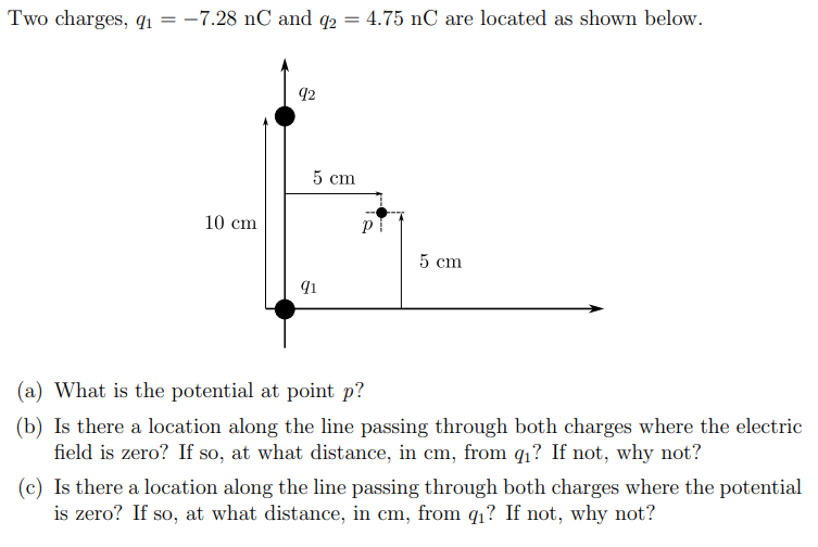 Solved Two charges, q1=−7.28nC and q2=4.75nC are located as | Chegg.com