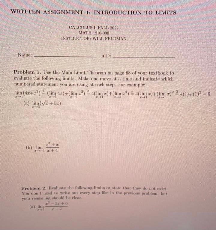 Solved WRITTEN ASSIGNMENT 1: INTRODUCTION TO LIMITS CALGULUS | Chegg.com
