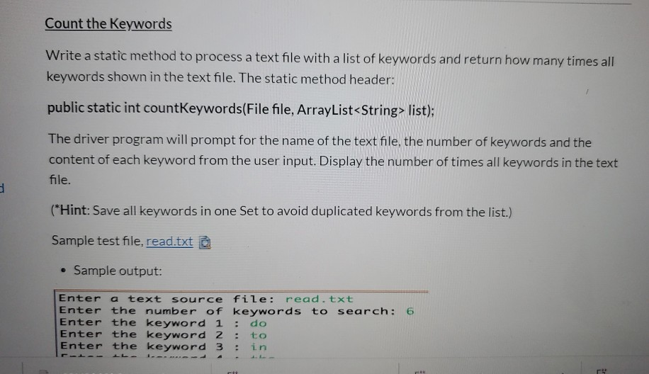 Solved: java Count the Keywords Write a static method to p