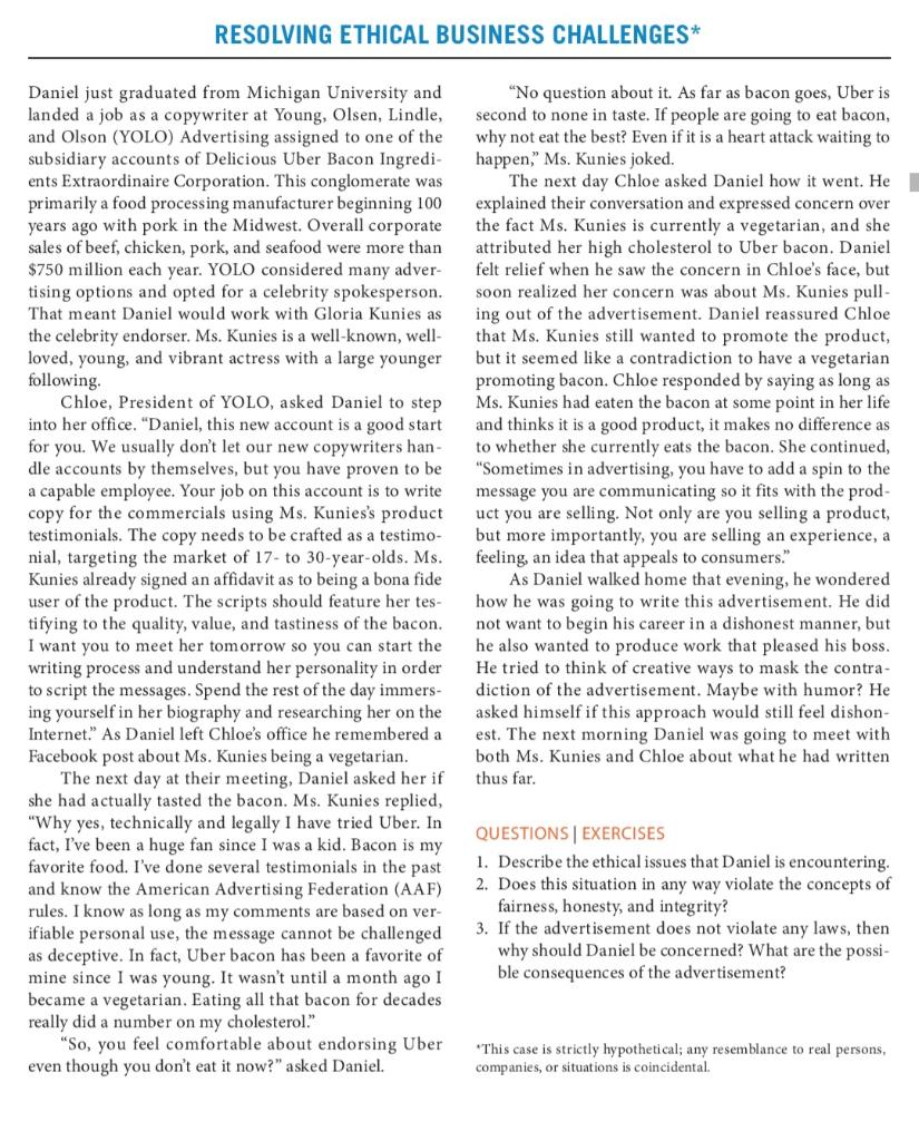 Solved Read the Resolving Ethical Business Challenges case | Chegg.com