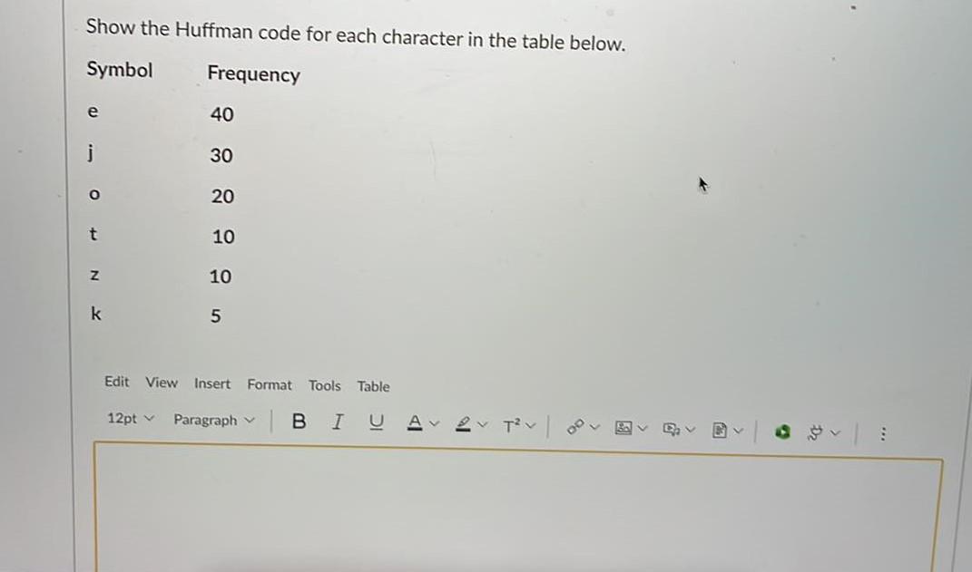 Solved Show the Huffman code for each character in the table | Chegg.com