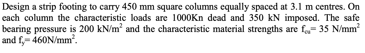 Solved Design a strip footing to carry 450 mm square columns | Chegg.com