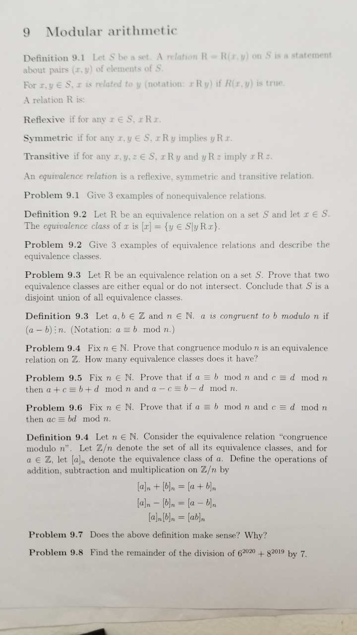 Solved 9 Modular arithmetic Definition 9.1 Let S be a set. A | Chegg.com