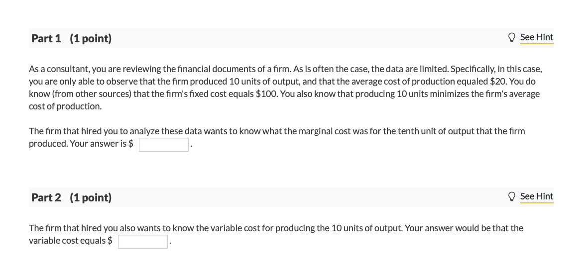 Solved Part 1 (1 point) See Hint As a consultant, you are | Chegg.com