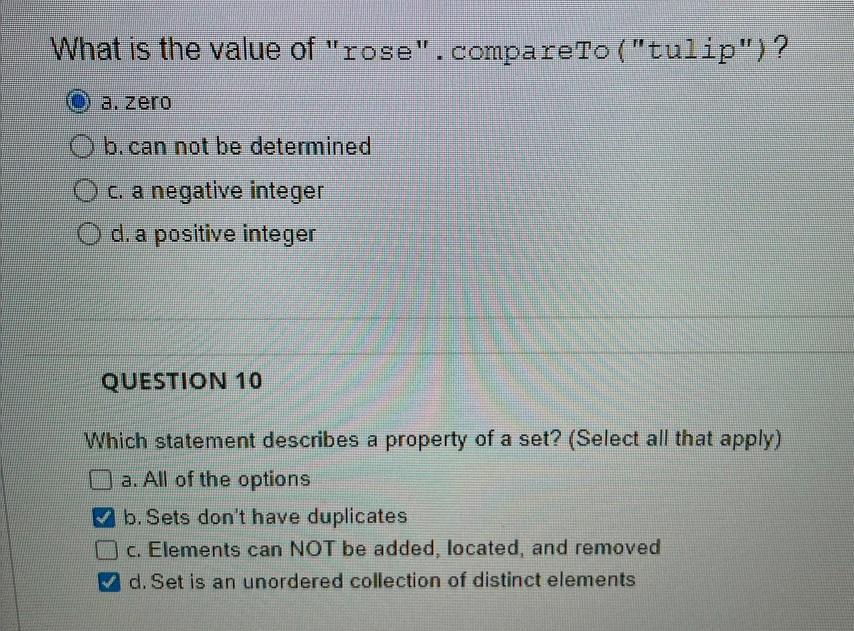Solved What is the value of "rose". compareto ("tulip")? a. | Chegg.com