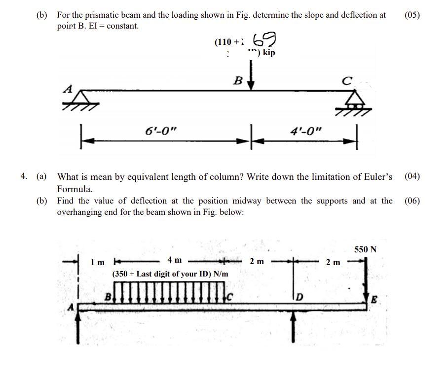 Solved (05) (b) For the prismatic beam and the loading shown | Chegg.com