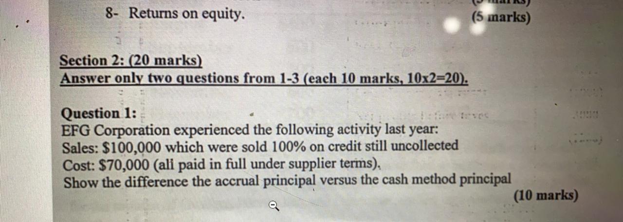 Solved 8- Returns on equity. (5 marks) Section 2: (20 marks) | Chegg.com