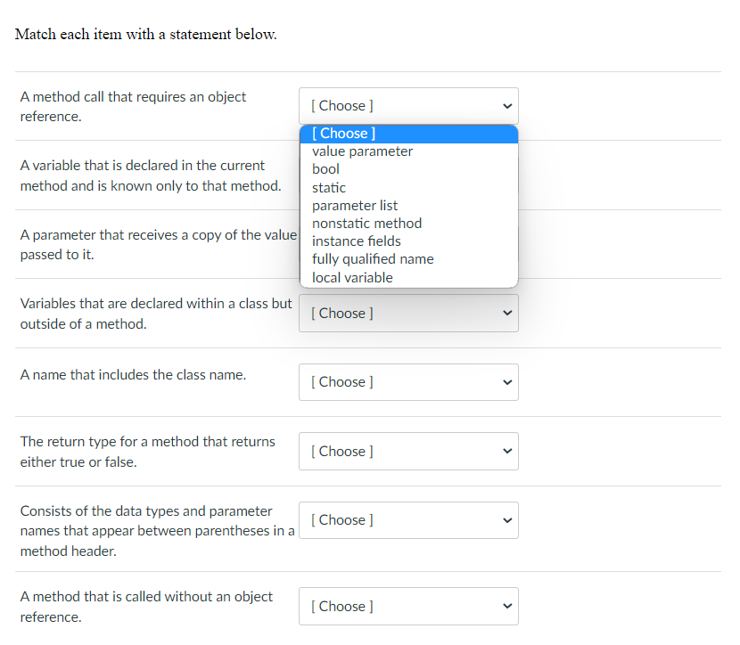 Solved Match each item with a statement below. A method call | Chegg.com