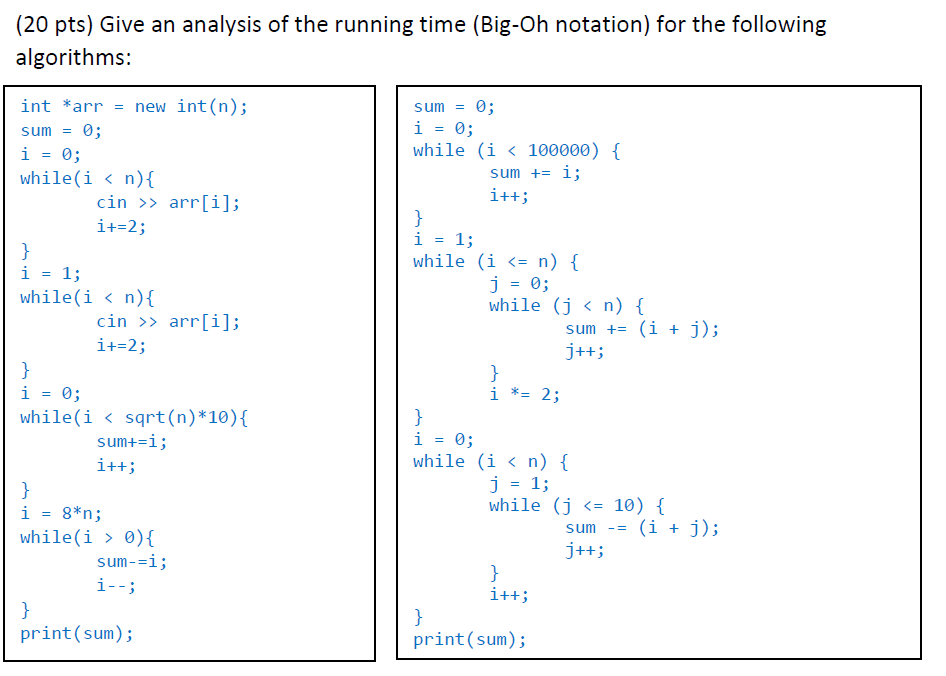 Solved (20 pts) Give an analysis of the running time (Big-Oh | Chegg.com
