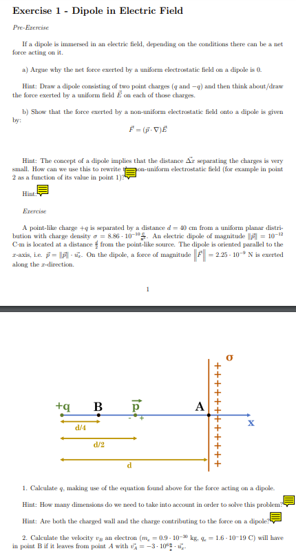 Solved Exercise 1 - Dipole in Electric Field Pre-Exercise If | Chegg.com
