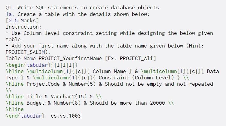 Solved QI. Write SQL statements to create database objects. | Chegg.com