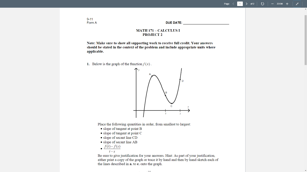 Solved 9-11 Form A DUE DATE MATH 171- CALCULUS I PROJECT 2 | Chegg.com
