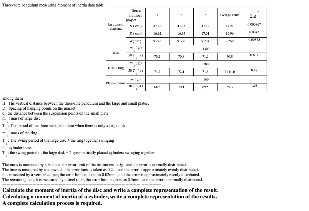 Three-wire pendulum measuring moment of inertia data | Chegg.com