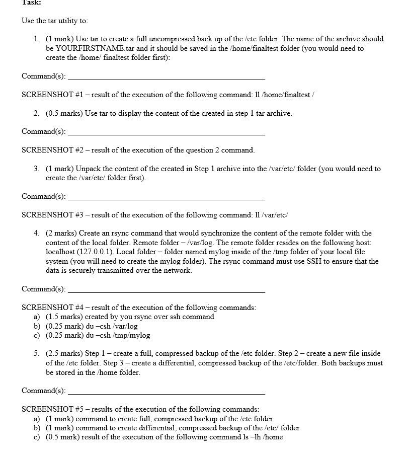 Solved Task: Use the tar utility to: 1. (1 mark) Use tar to | Chegg.com