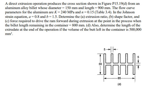 Solved A direct extrusion operation produces the cross | Chegg.com