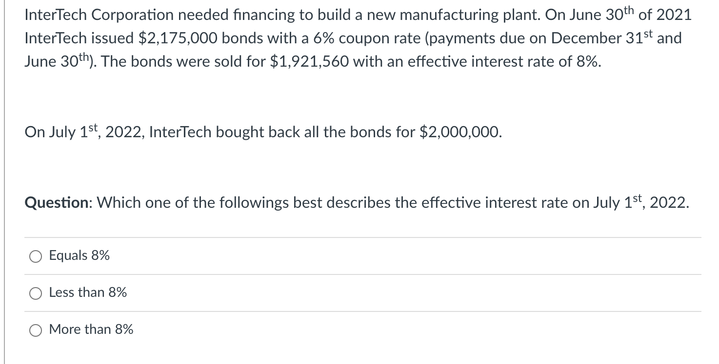 Solved InterTech Corporation needed financing to build a new | Chegg.com