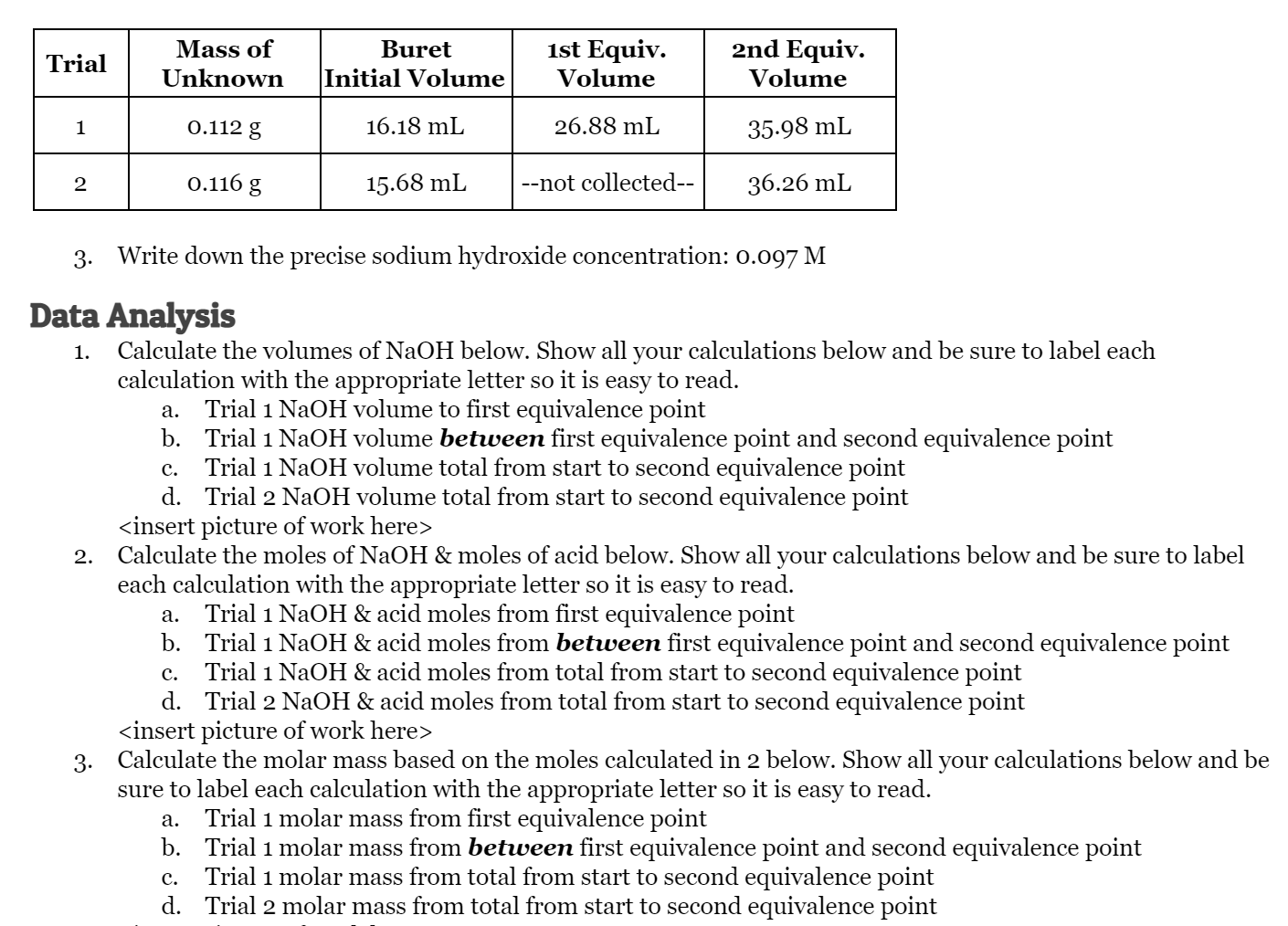 Solved Trial Mass of Unknown Buret Initial Volume 1st Equiv. | Chegg.com