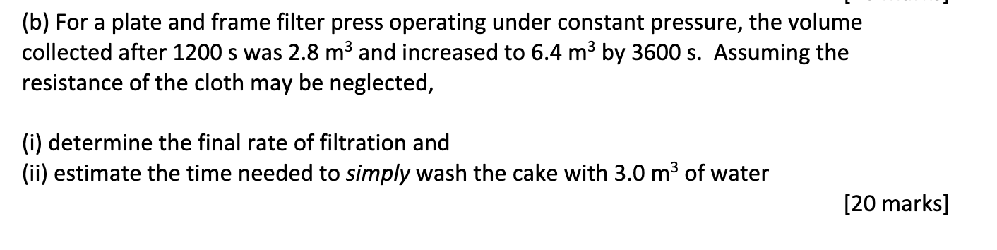 Solved (b) For a plate and frame filter press operating | Chegg.com