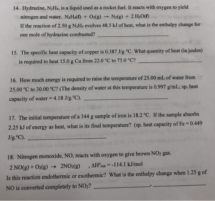 Solved 14. Hydrazine, N2H4, is a liquid used as a rocket | Chegg.com