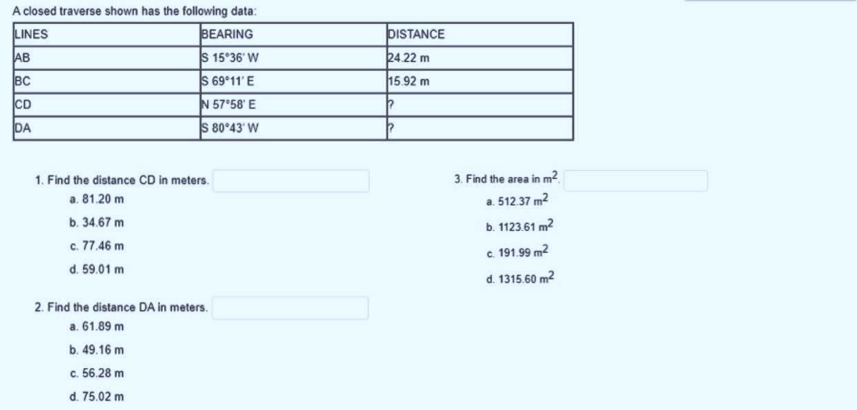 Solved Given the following data, find the area of the | Chegg.com