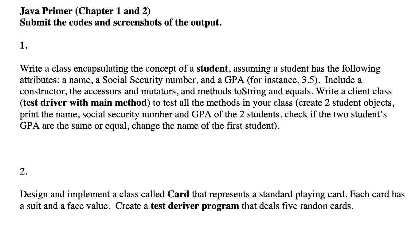 Solved Java Primer (Chapter 1 and 2) Submit the codes and | Chegg.com