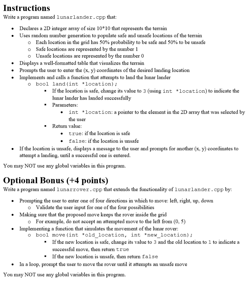 Solved Instructions Write a program named lunarlander.cpp | Chegg.com