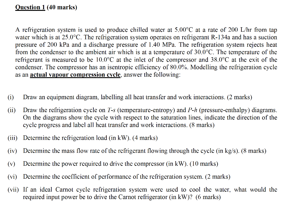 Solved Question 1 (40 marks) A refrigeration system is used | Chegg.com