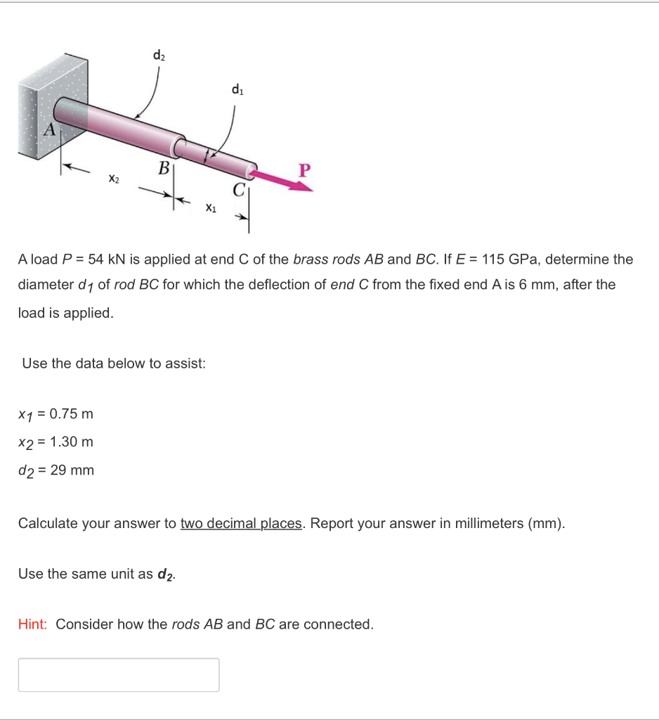 Solved d₂ d₁ B A P X2 X1 A load P = 54 kN is applied at end | Chegg.com