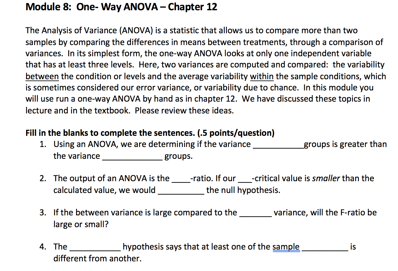 Solved Module 8 One Way Anova Chapter 12 The Analysis Of