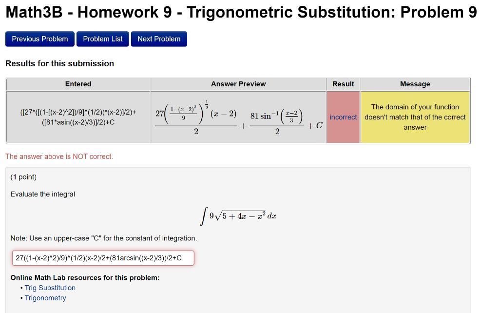 Solved Math3B - Homework 9 - Trigonometric Substitution: | Chegg.com