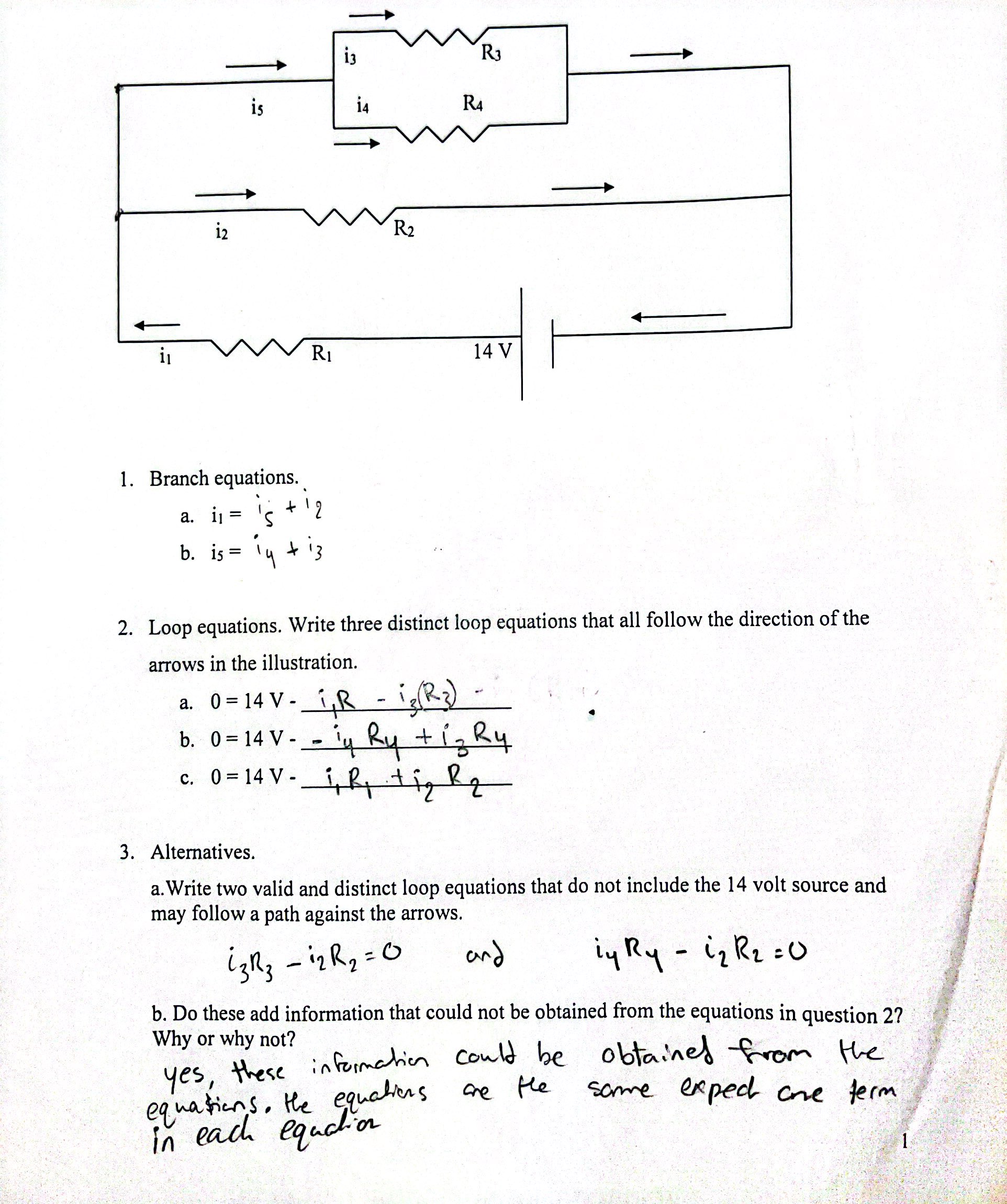 Solved 1. Branch equations. a. i1=is+i2 b. i5=iy+i3 2. Loop | Chegg.com