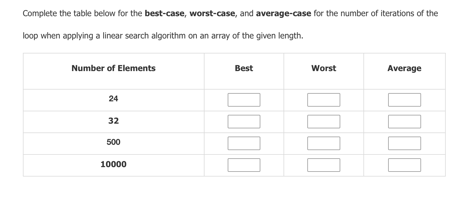 Solved Complete the table below for the best-case, | Chegg.com