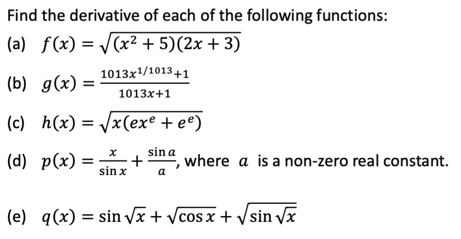 Solved Find the derivative of each of the following | Chegg.com