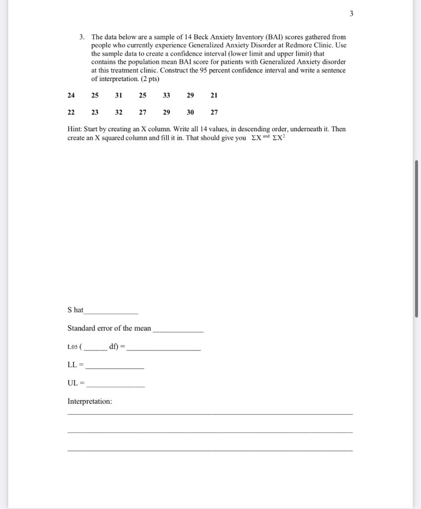 Solved 3. The data below are a sample of 14 Beck Anxiety | Chegg.com
