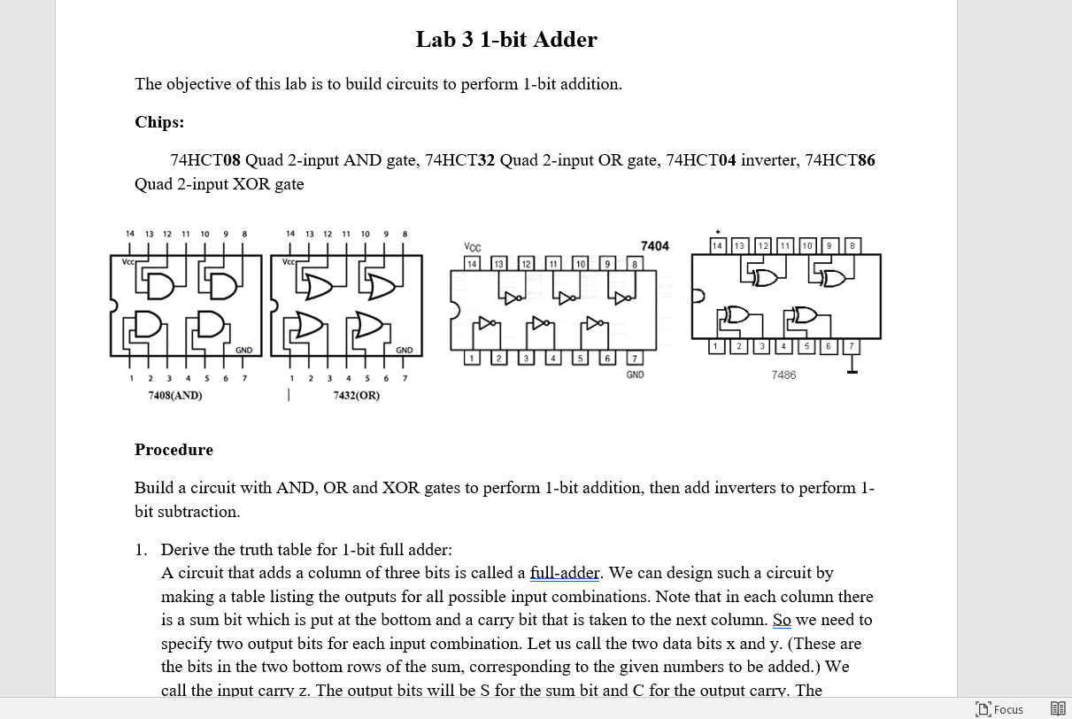 Solved Lab 3 1 Bit Adder The Objective Of This Lab Is To