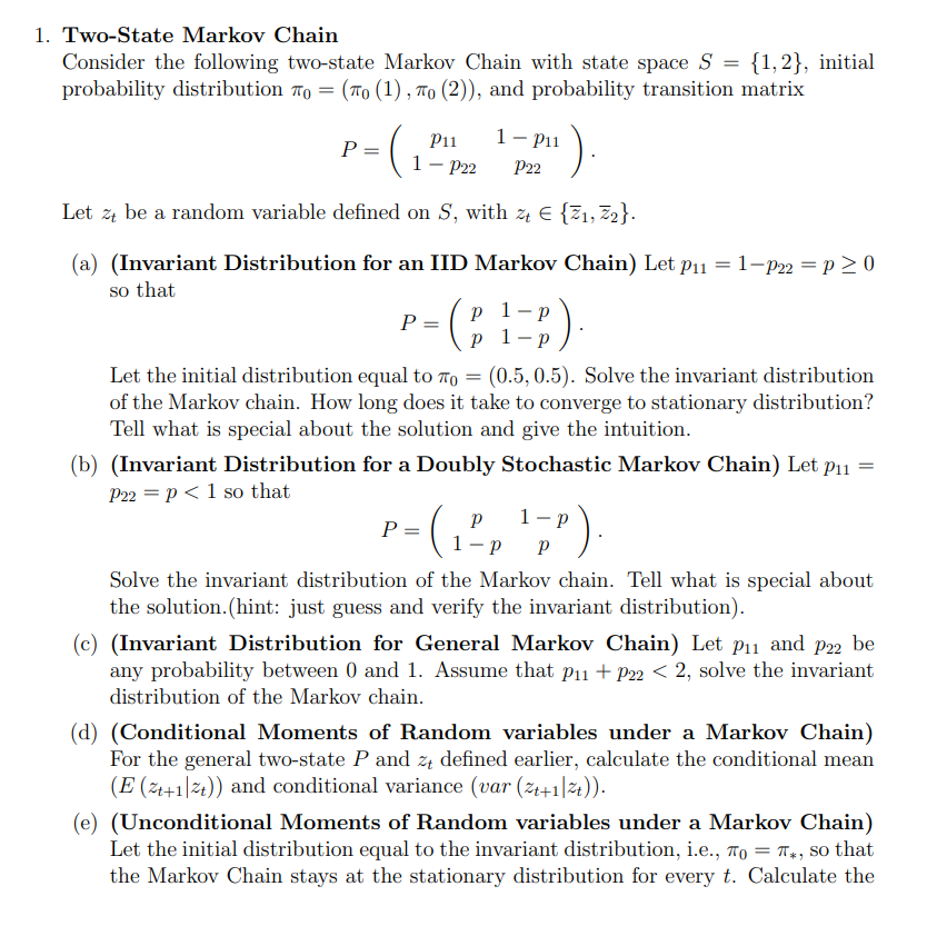 Two-State Markov Chain Consider the following | Chegg.com