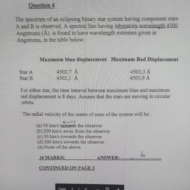 Solved Question 4 The spectrum of an eclipsing binary star | Chegg.com