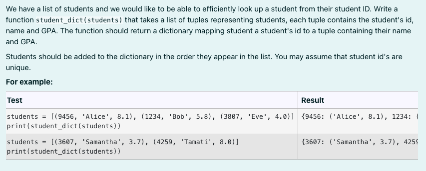 Solved Write a function student_dict(students) that takes | Chegg.com