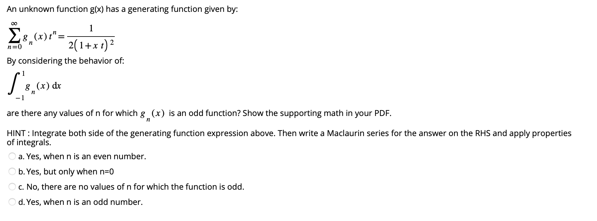 Solved An unknown function g(x) ﻿has a generating function | Chegg.com