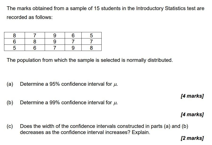 Solved The marks obtained from a sample of 15 students in | Chegg.com